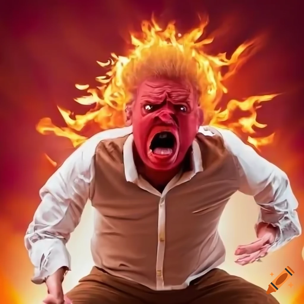 Man with fiery hair and angry expression in red attire on Craiyon