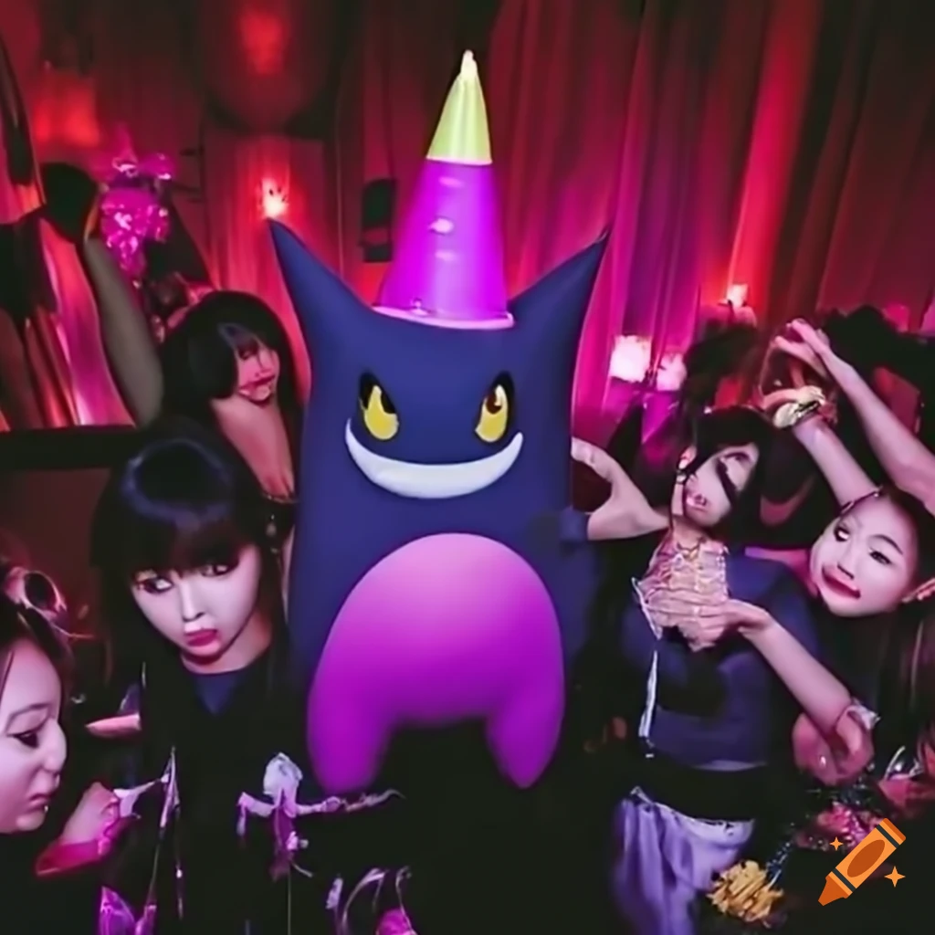 Gengar at birthday party with kpop girls on Craiyon