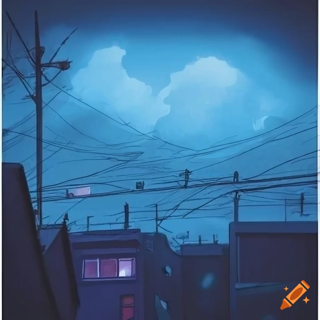 Lofi beats chill album cover with rain falling on a city skyline on Craiyon