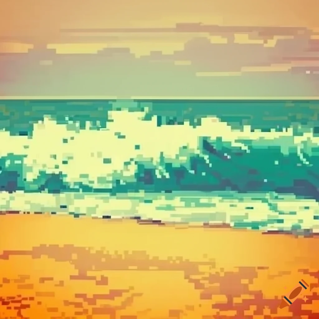 Pixel art of a sunlit beach with crashing waves on Craiyon