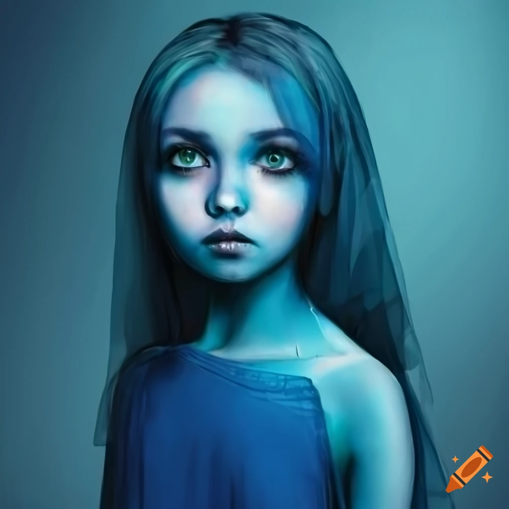 Blue colored girl with green eyes and blue dress, front view on Craiyon