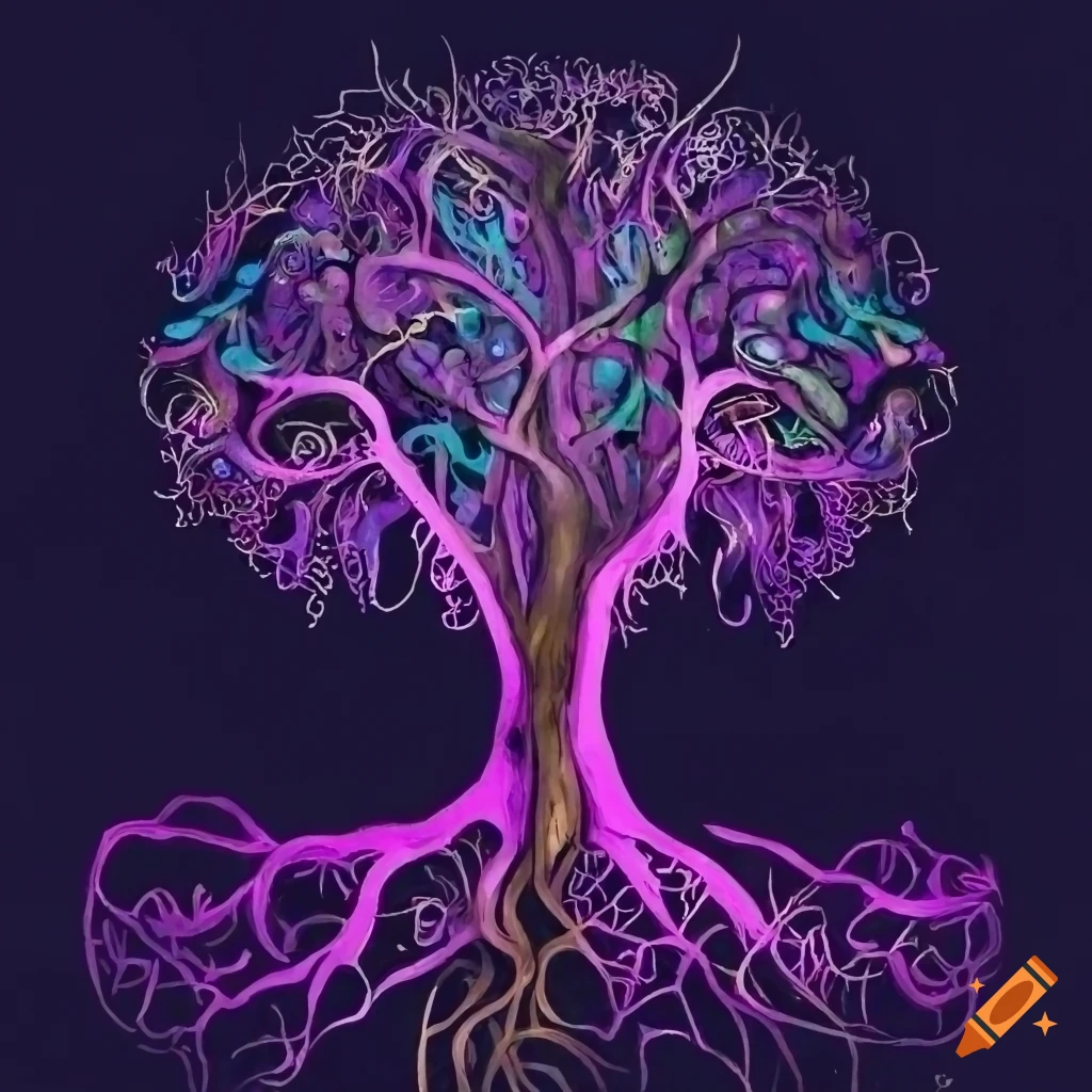 Detailed tree-of-life illustration with black and purple colors on Craiyon