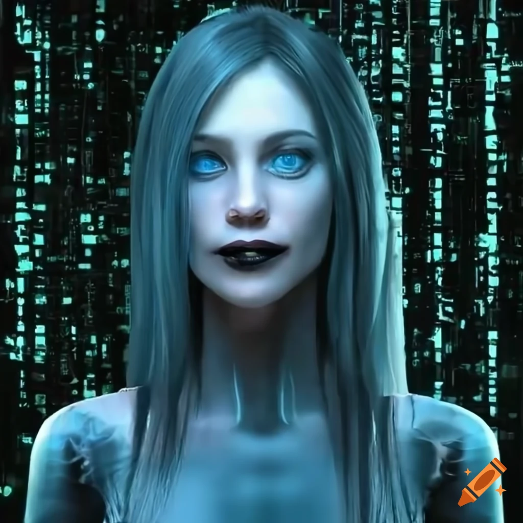 Digital matrix ai woman with blue eyes smiling on Craiyon