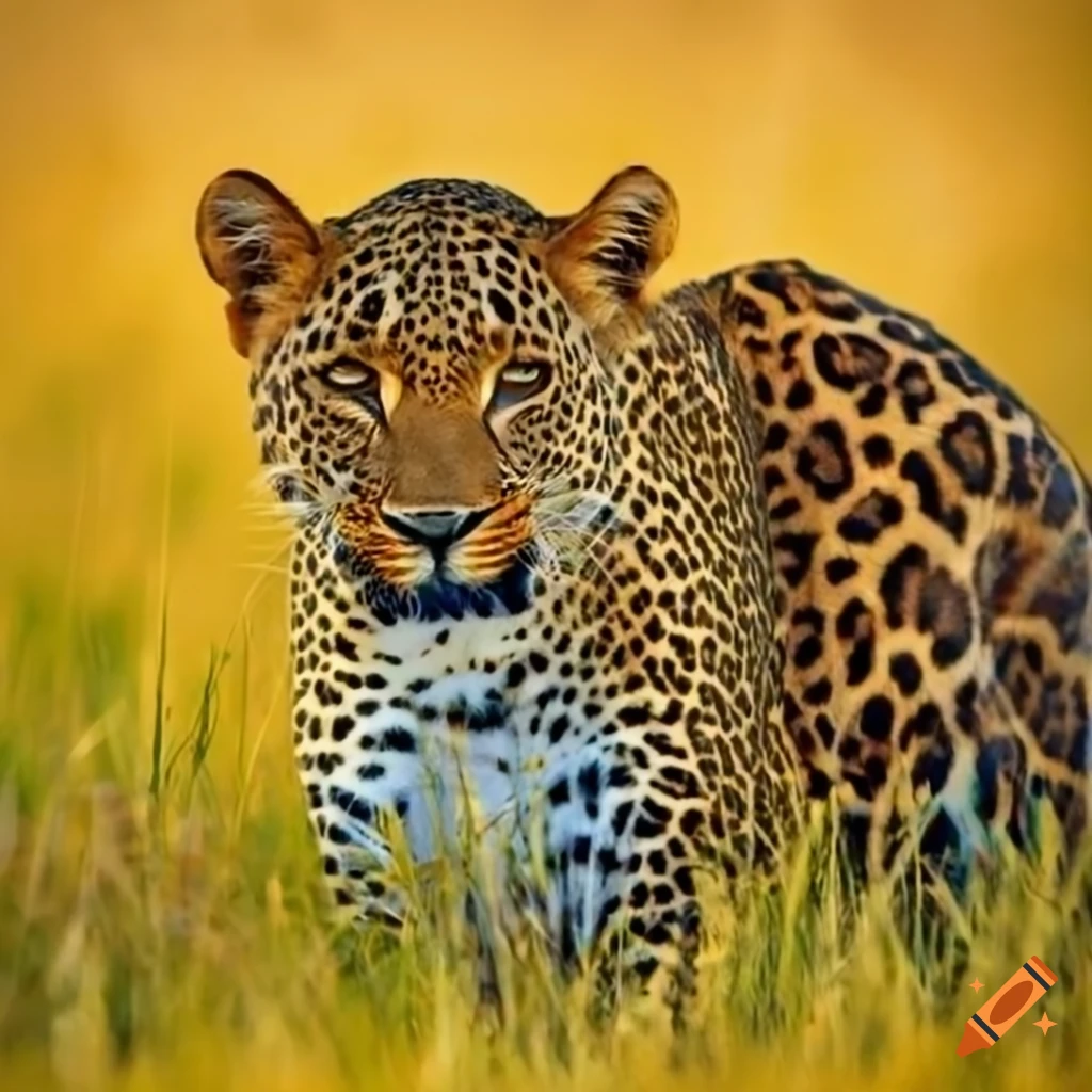 Leopard crouching in high prairie grass on Craiyon