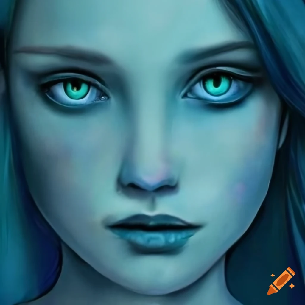 Blue girl with green eyes in a foggy atmosphere on Craiyon