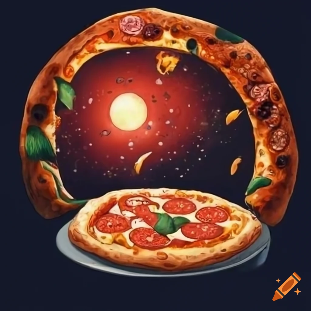 Space-themed wallpaper with pizza, flowers, and birds on Craiyon