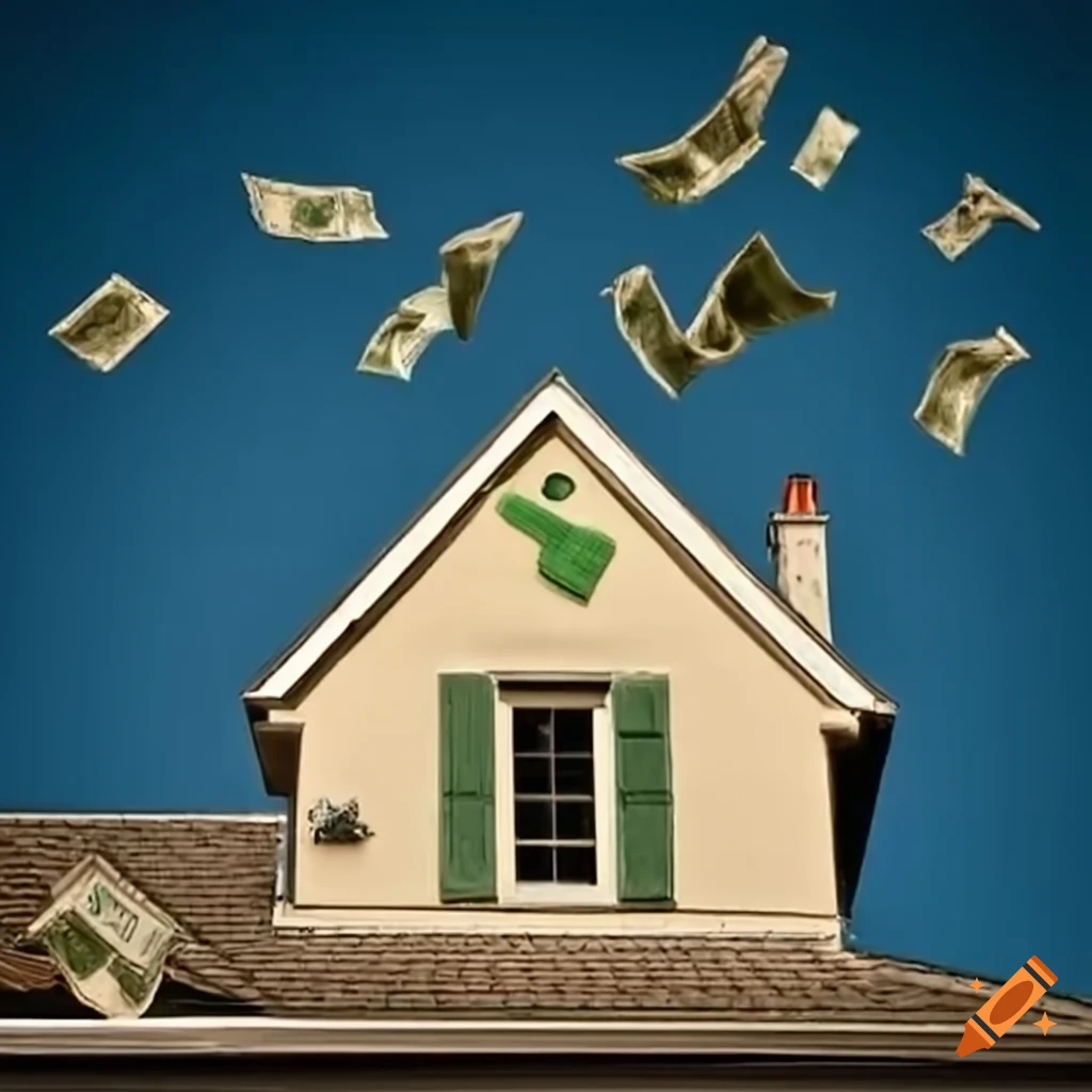 House with money flying around and a relief sign on Craiyon