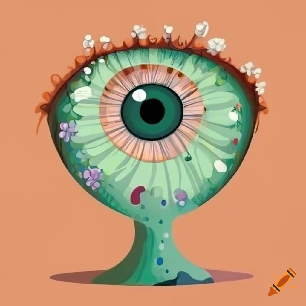 Surreal flat design with decorative pot, cyclops eye flowers, and ...