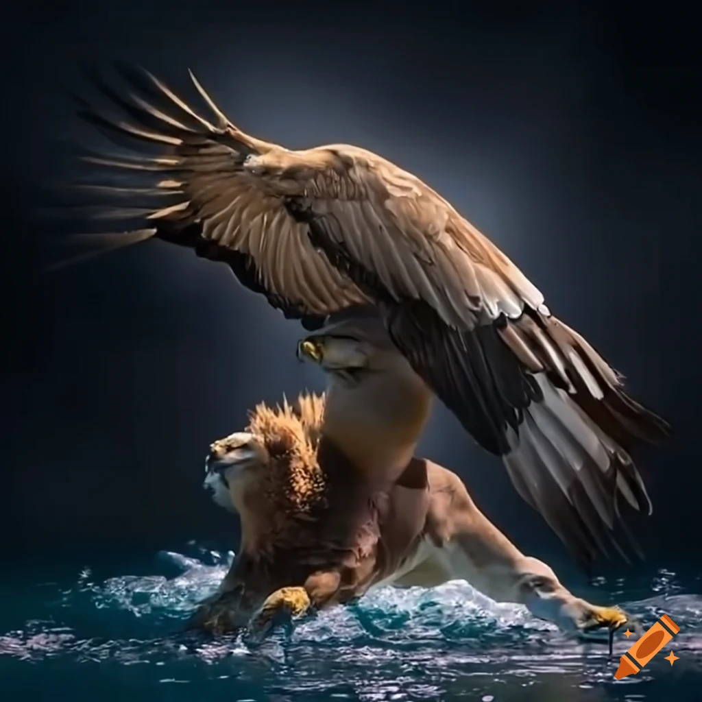 Eagle fighting a lion in an aquatic arena on Craiyon