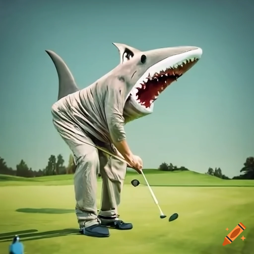 Man in shark costume golfing on a golf course on Craiyon