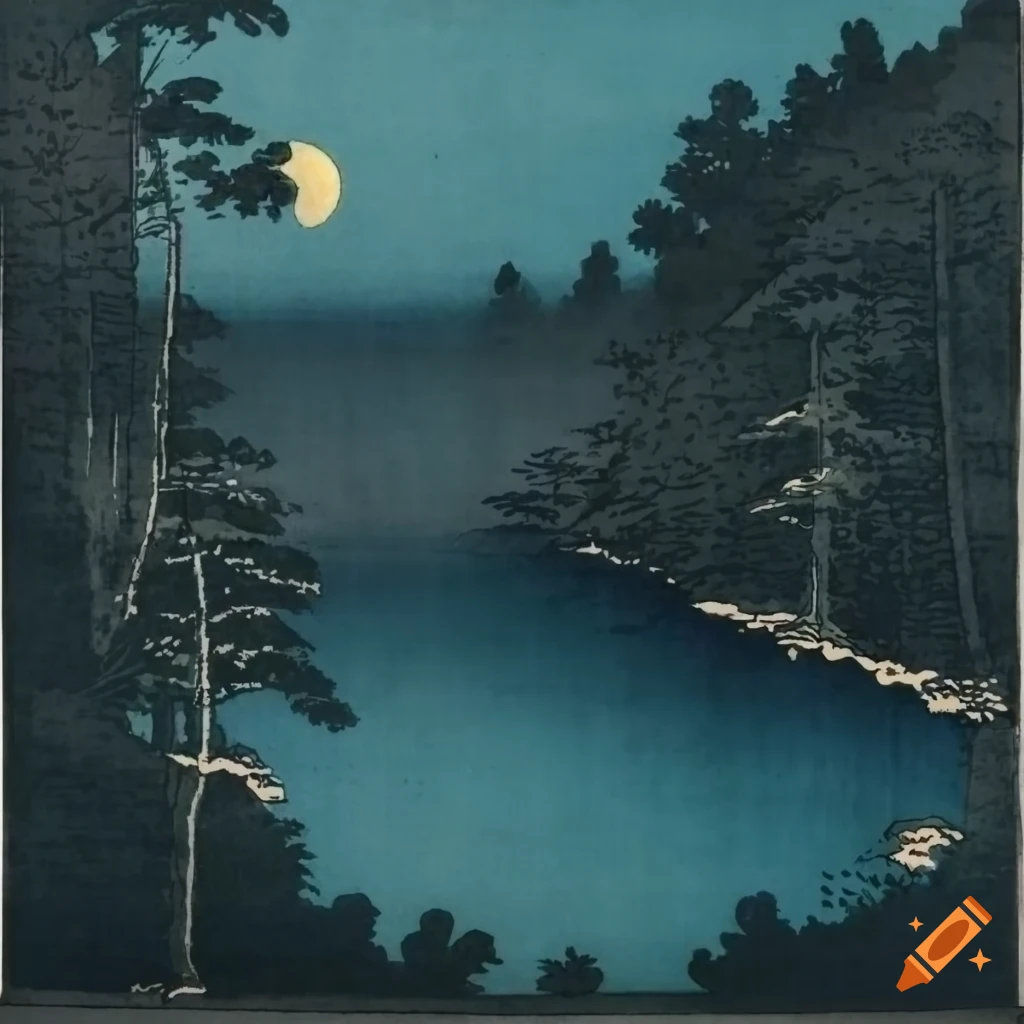 Serene Japanese lake with lush forest under a full moon in a combined ...