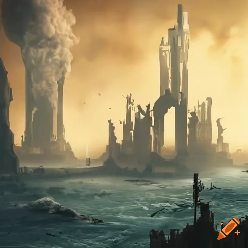 Ruined atlantis city with sci-fi and organic mutations, emitting smoke ...