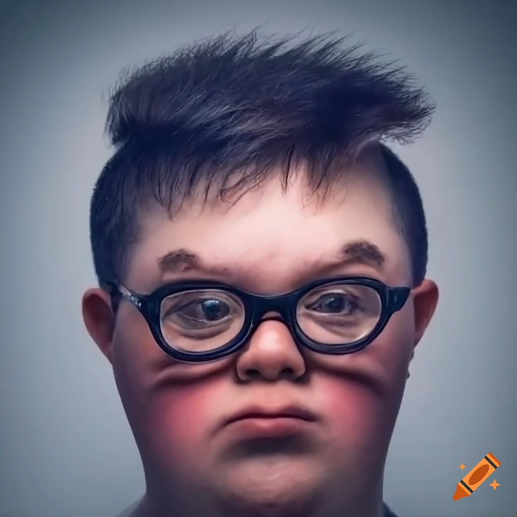 Man with down syndrome wearing black glasses and bowl haircut on Craiyon