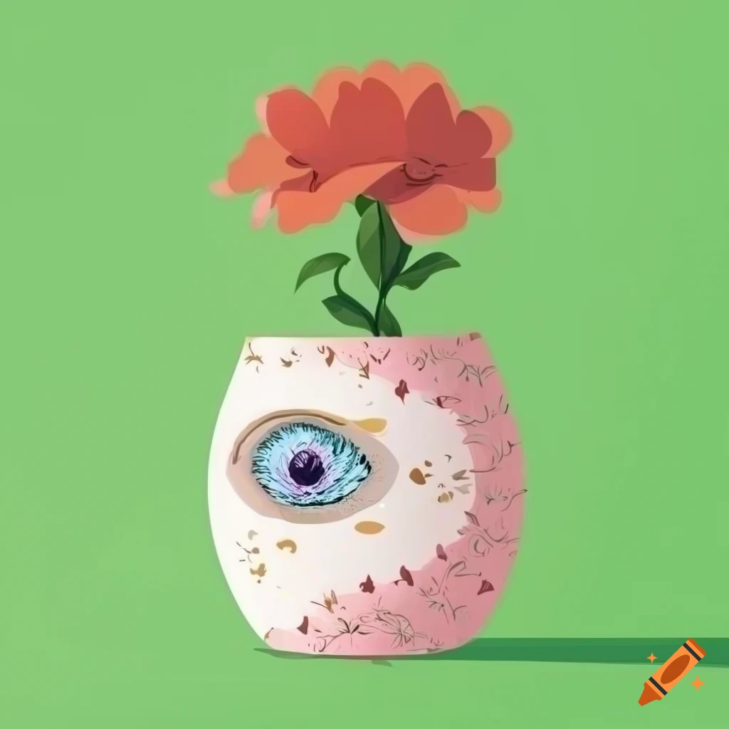 Surrealist flat design of decorative pot and flowers with an eye on a ...