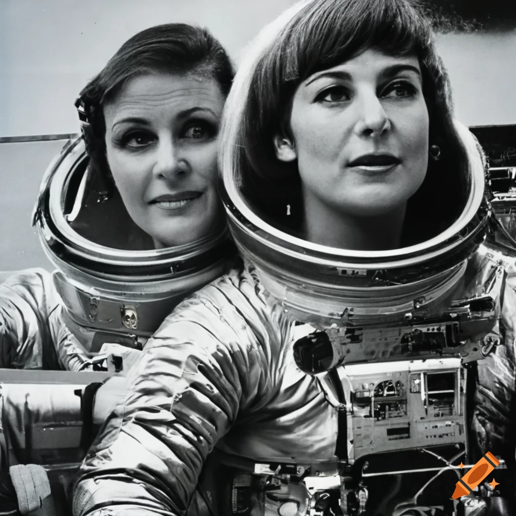 Two female astronauts in a space capsule, wearing french silver spacesuits in zero gravity on ...