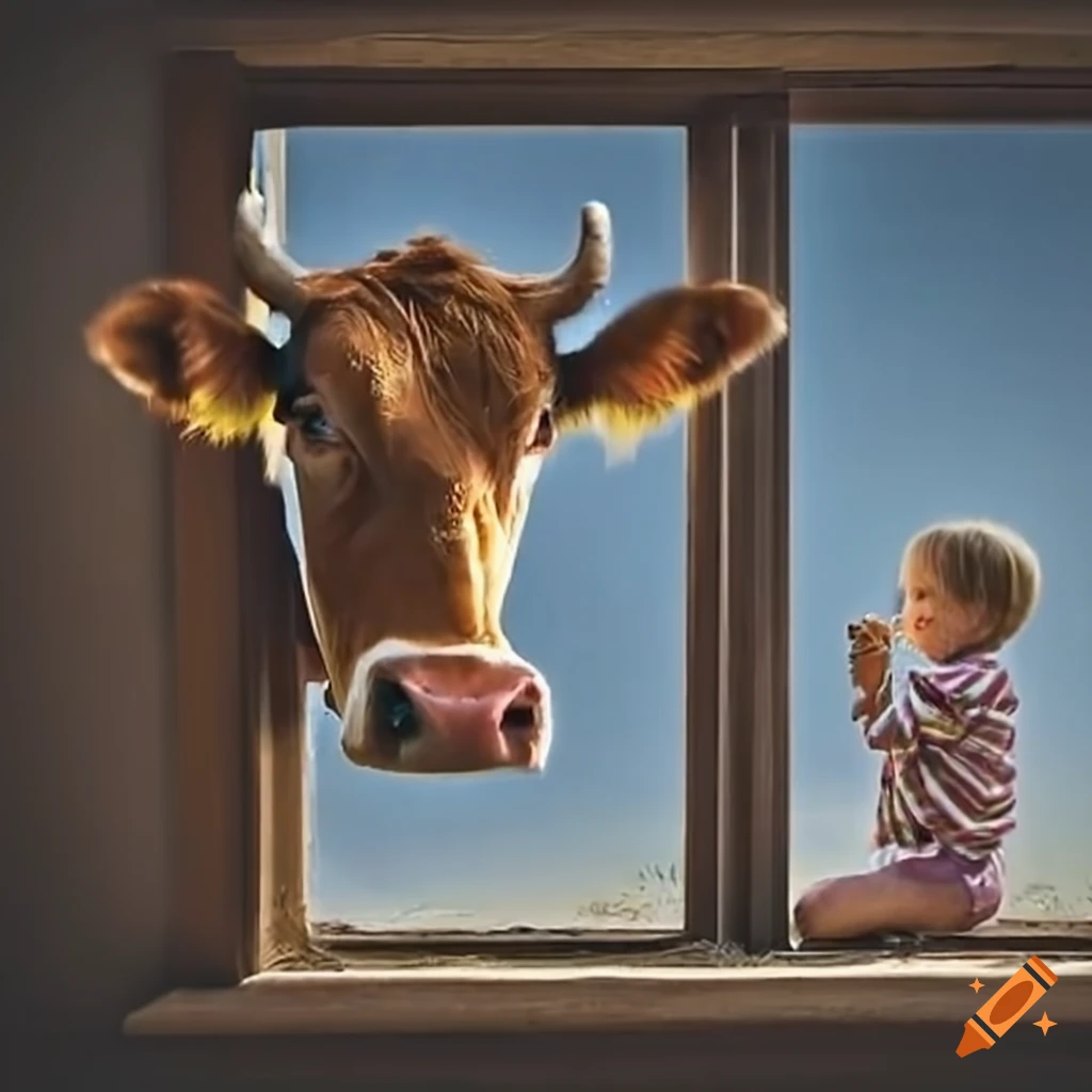 Cow and child looking through a window on Craiyon