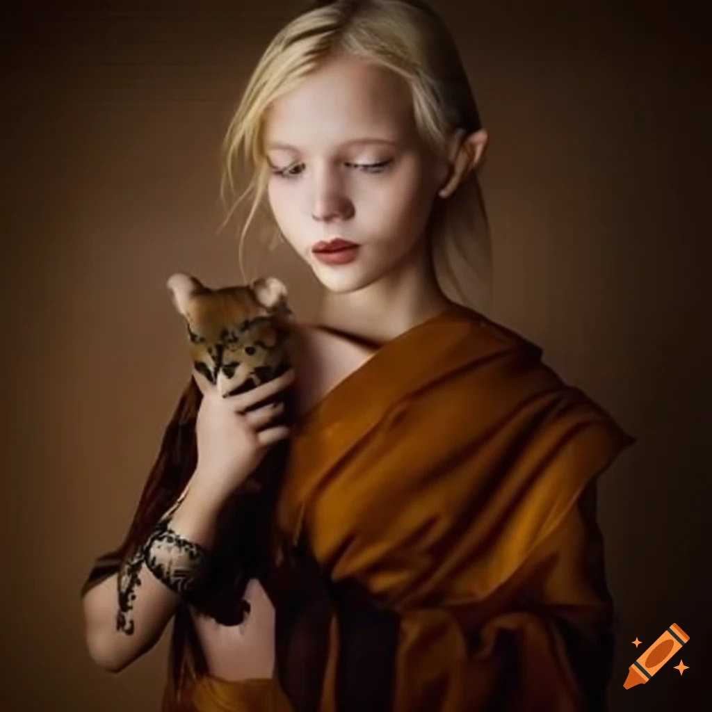 Blond half-elf monk girl with panther smiling on Craiyon