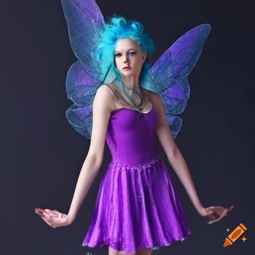 Punk fairy with blue hair in purple attire and delicate wings on Craiyon