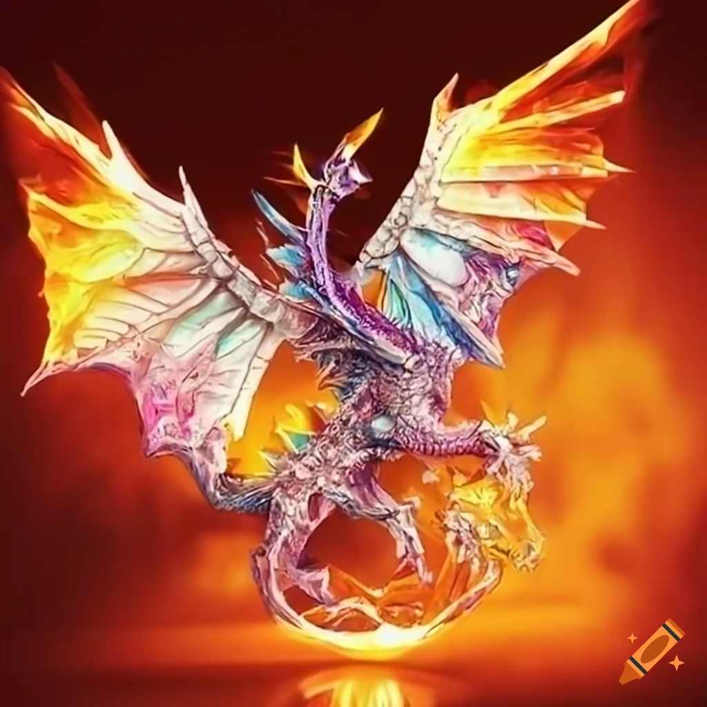 Mythical crystal dragon soaring over fire on Craiyon
