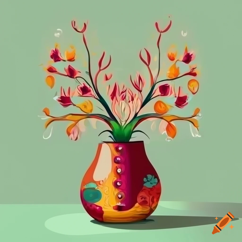 Surrealist flat design of decorative pot and flowers with a glass eye ...