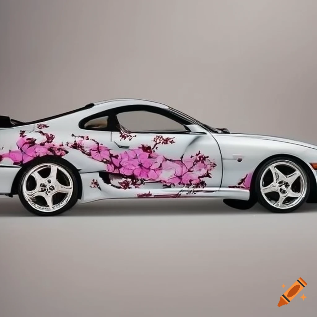 White toyota supra mk4 with blossom decal on the door on Craiyon