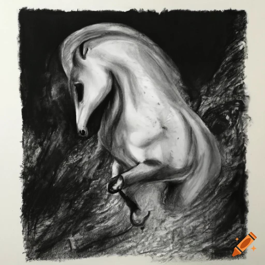 Ghostly horse running through a forest in black and white charcoal art ...