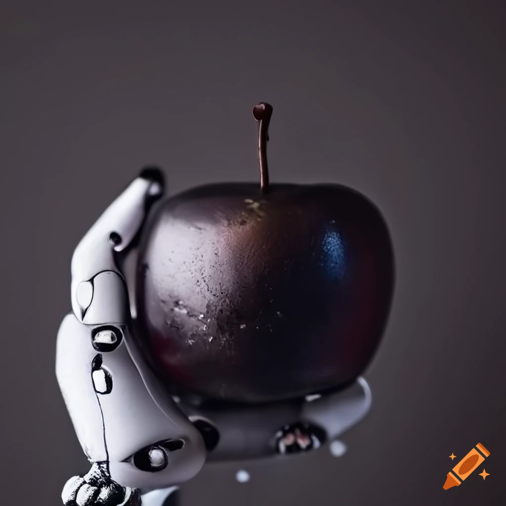 Black apple held by a robot hand on Craiyon