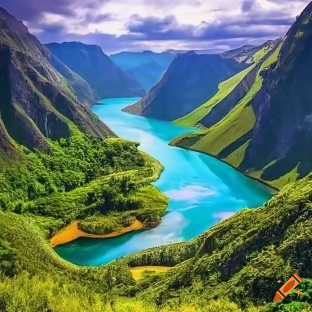 River between two mountains at sunset in a landscape on Craiyon