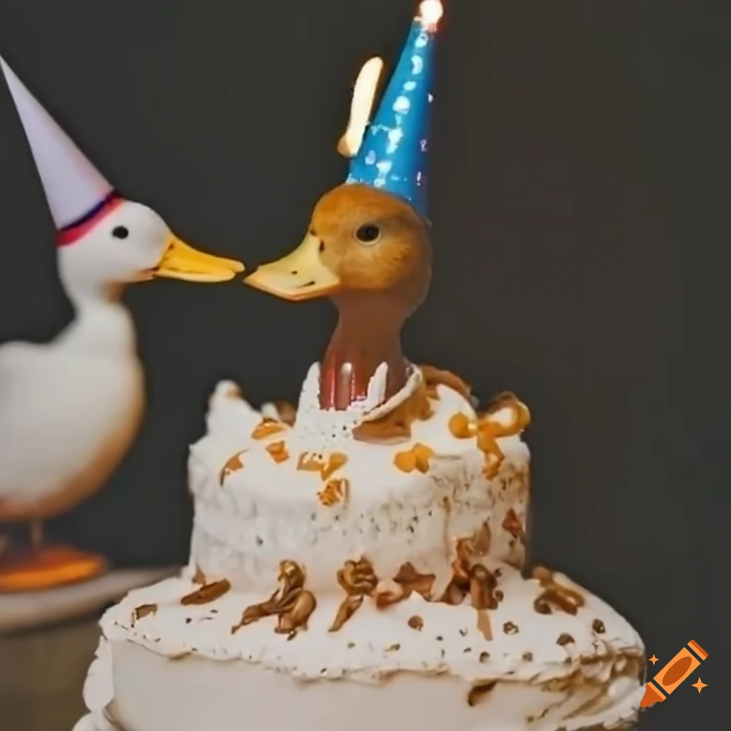 Duck celebrating birthday with birthday cake and friends on Craiyon