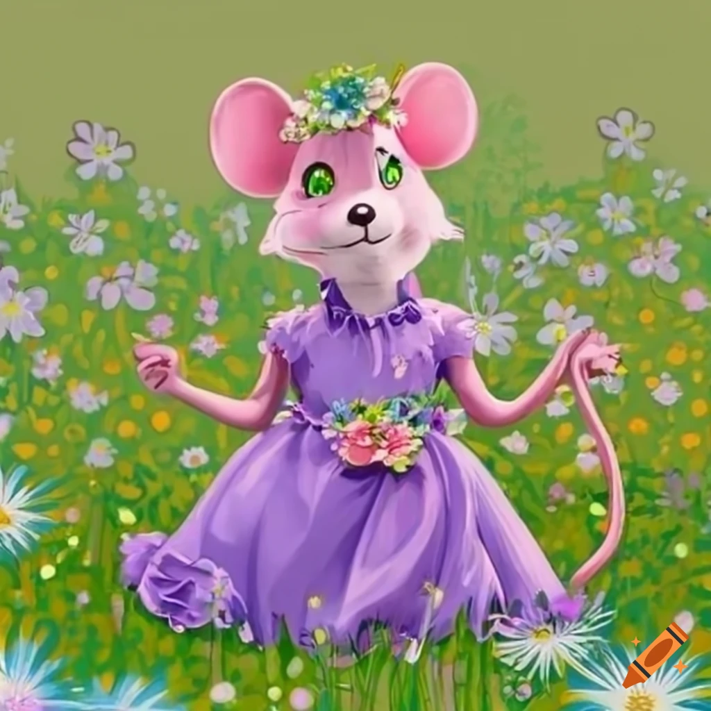 Anthro mouse with green eyes in a flower field wearing a purple dress ...