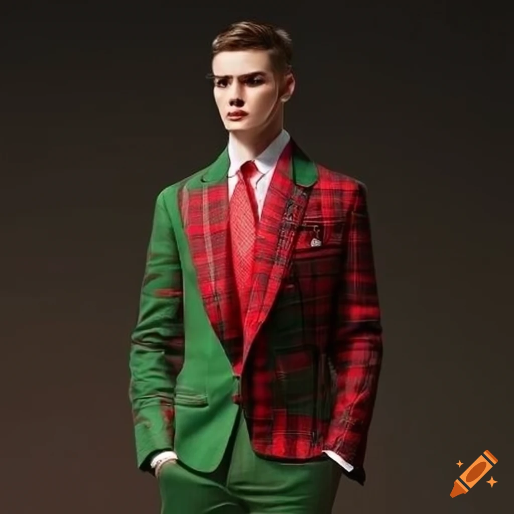 Person wearing green trousers, white shirt, and red check blazer on Craiyon