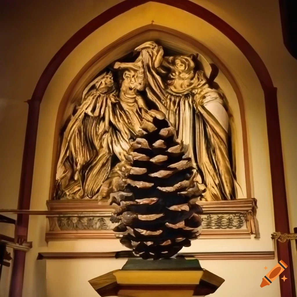 Golden pine cone statue in a church on Craiyon