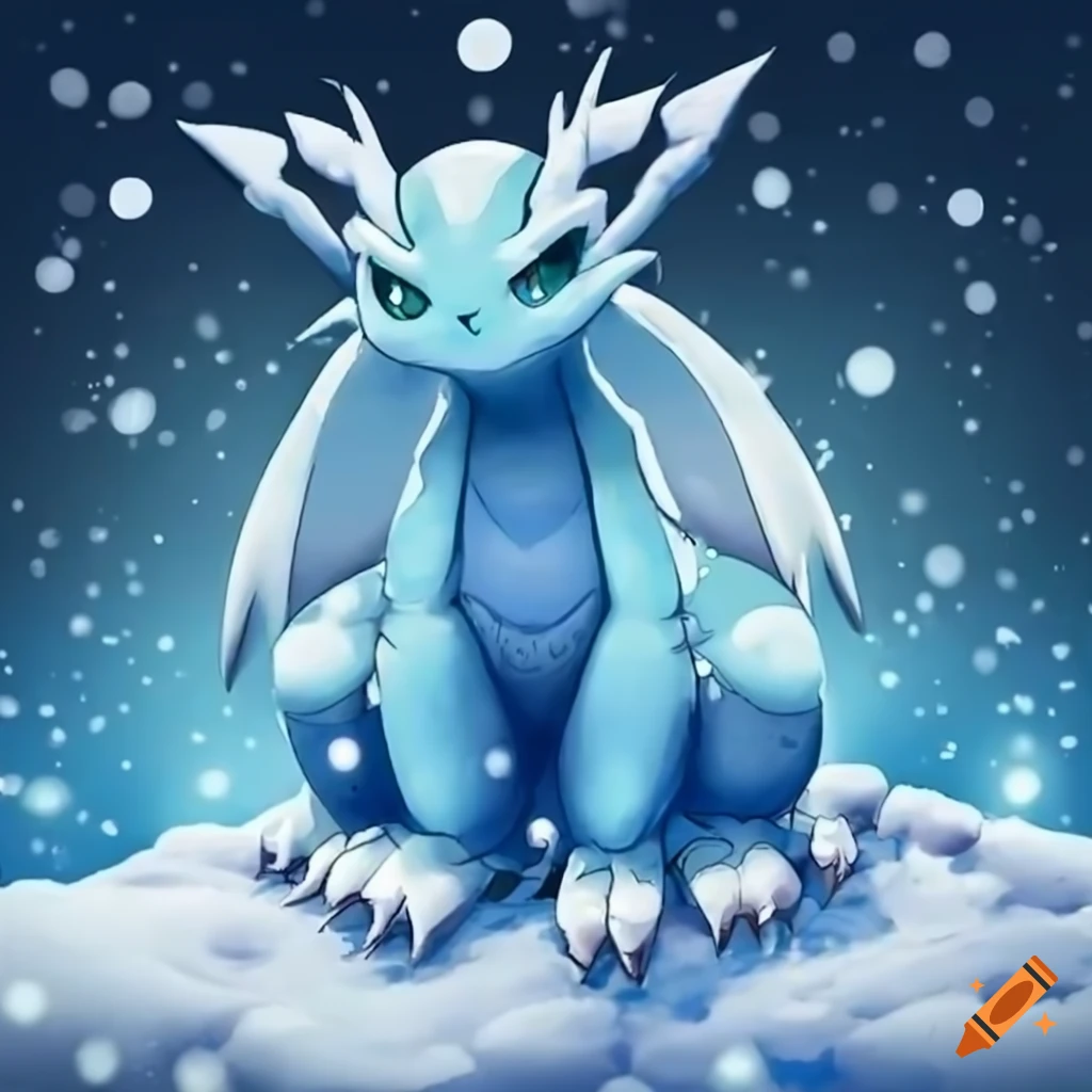 Elegant snow dragon Pokémon sitting in the snow under the full moon on ...