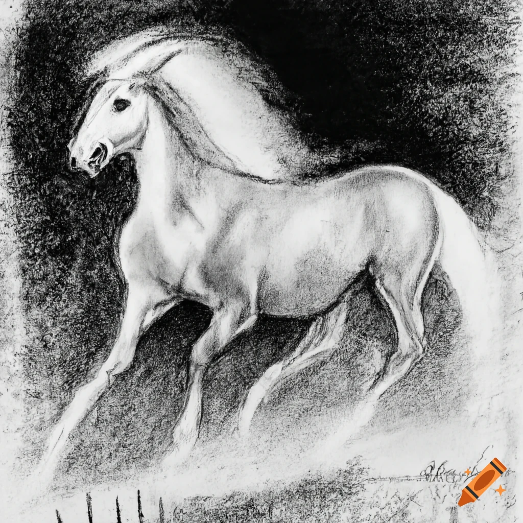 Ghostly horse running through a cottage house in charcoal drawing on ...