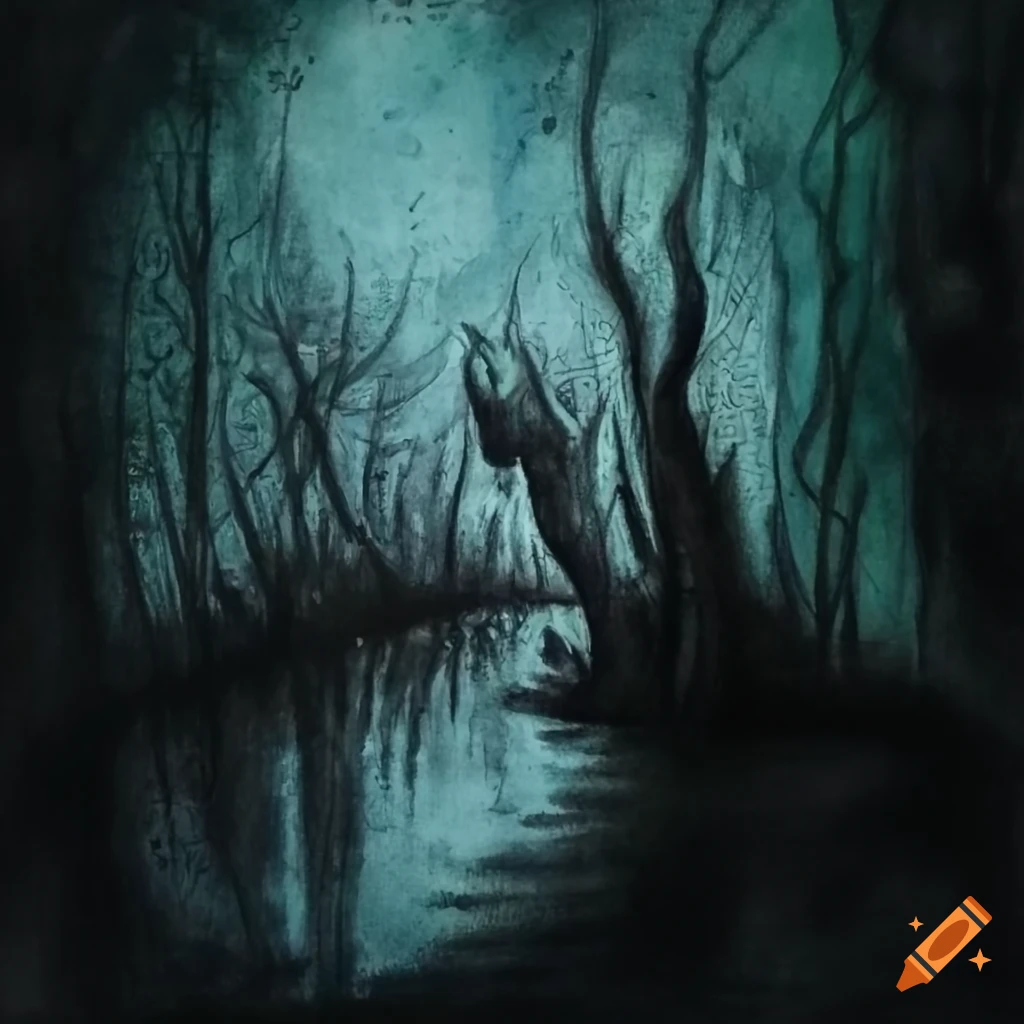 Wraith emerging from the swamp in a charcoal drawing on Craiyon