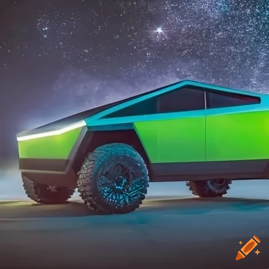Sharp green Tesla Cybertruck with a wolf decal in a starry city ...