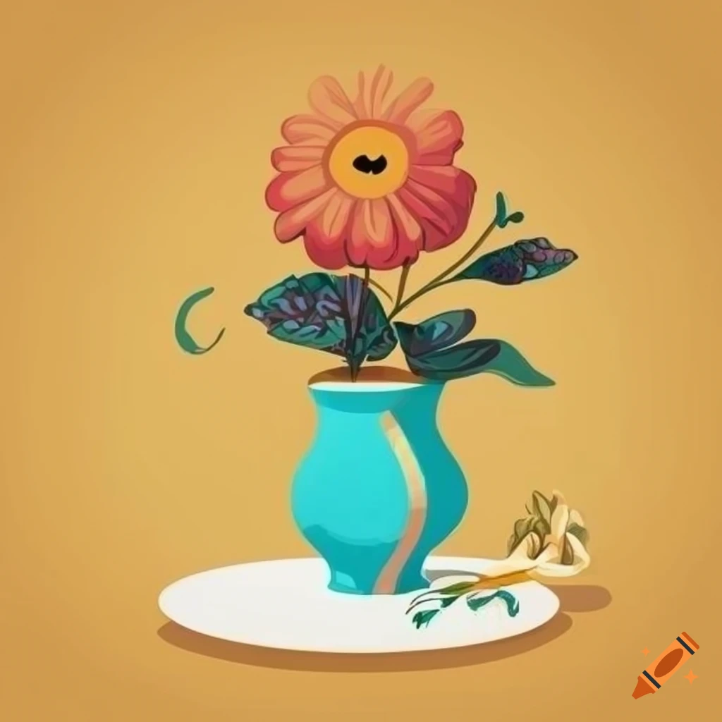 Surrealist flat design of decorative pot and cyclops flowers on a table ...