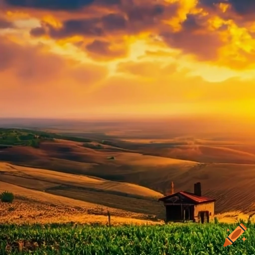 Sunset over Turkish countryside with farmland patches on Craiyon