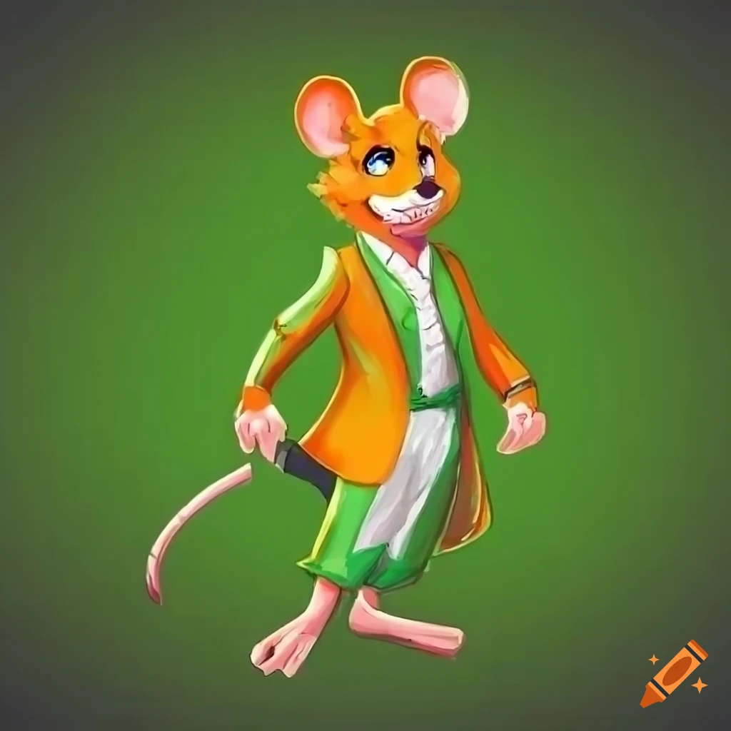 Cute anthro male mouse in a green leaf suit painted in oil style on Craiyon