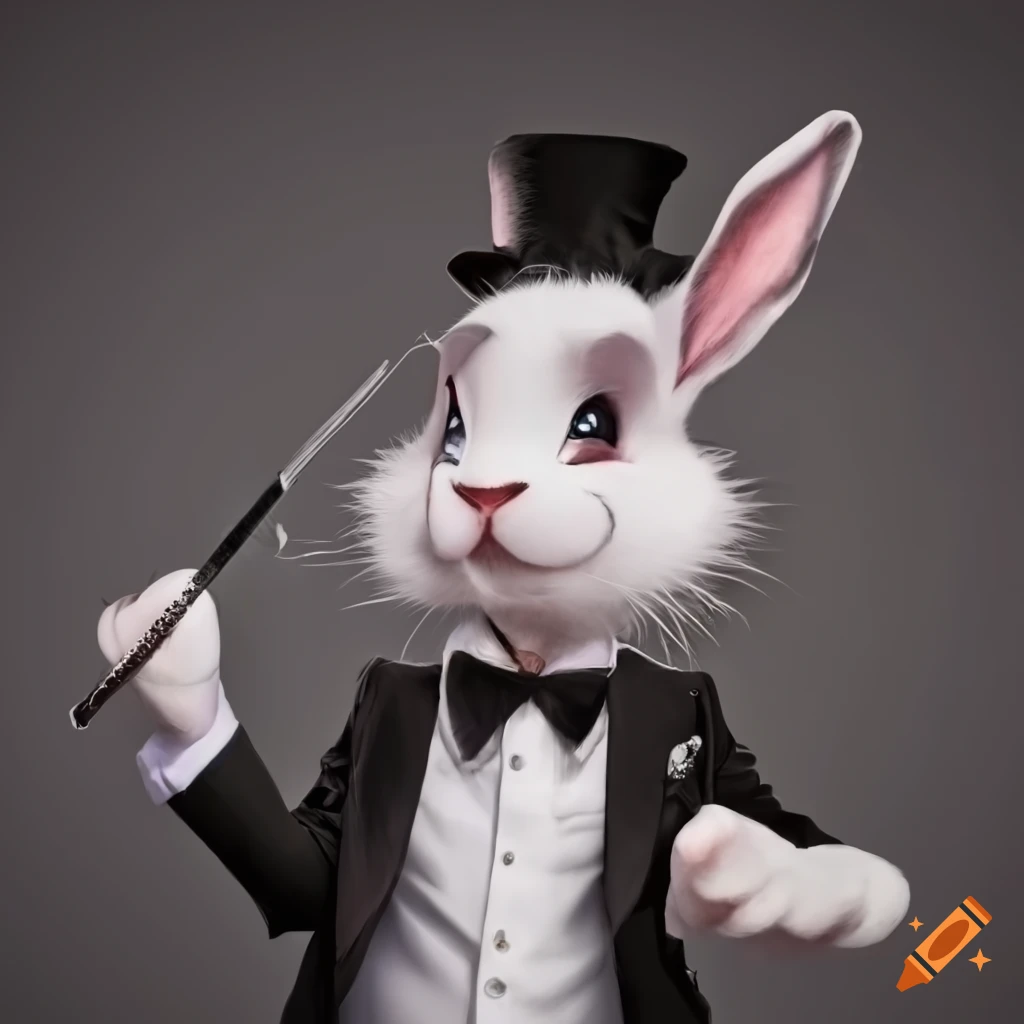 Anthropomorphic white rabbit in a black suit and top hat with a magic ...