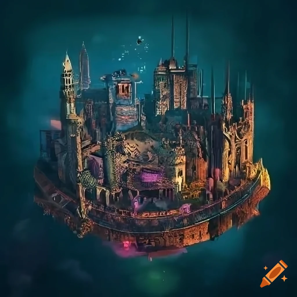 Solarpunk city built from steampunk ruins near a lake with light ...