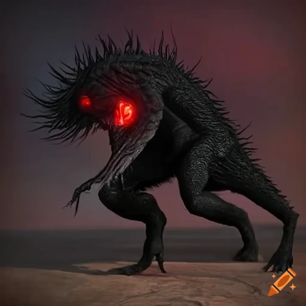 Giant black creature with red glowing eyes and spikes on its back on ...