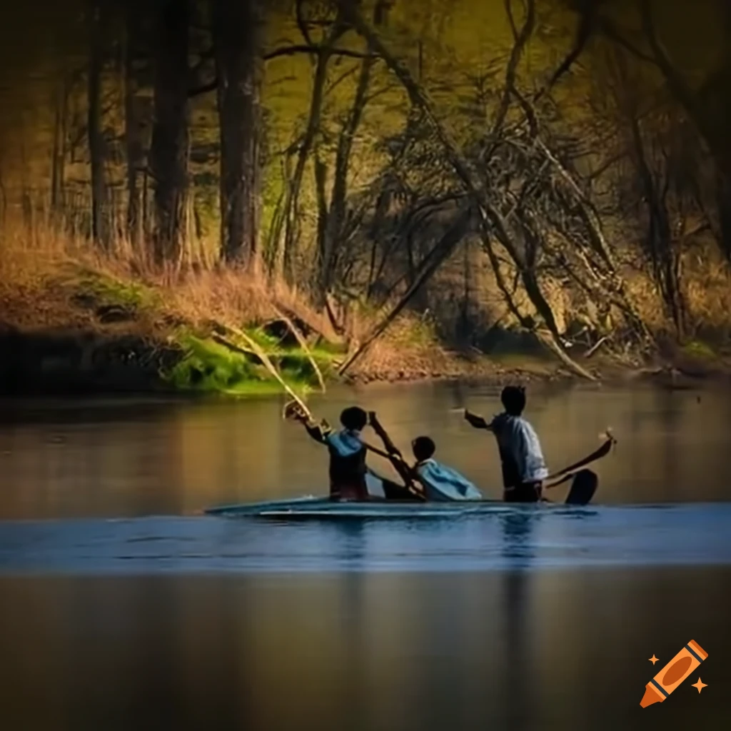 Man and children rowing a boat down a beautiful river on Craiyon