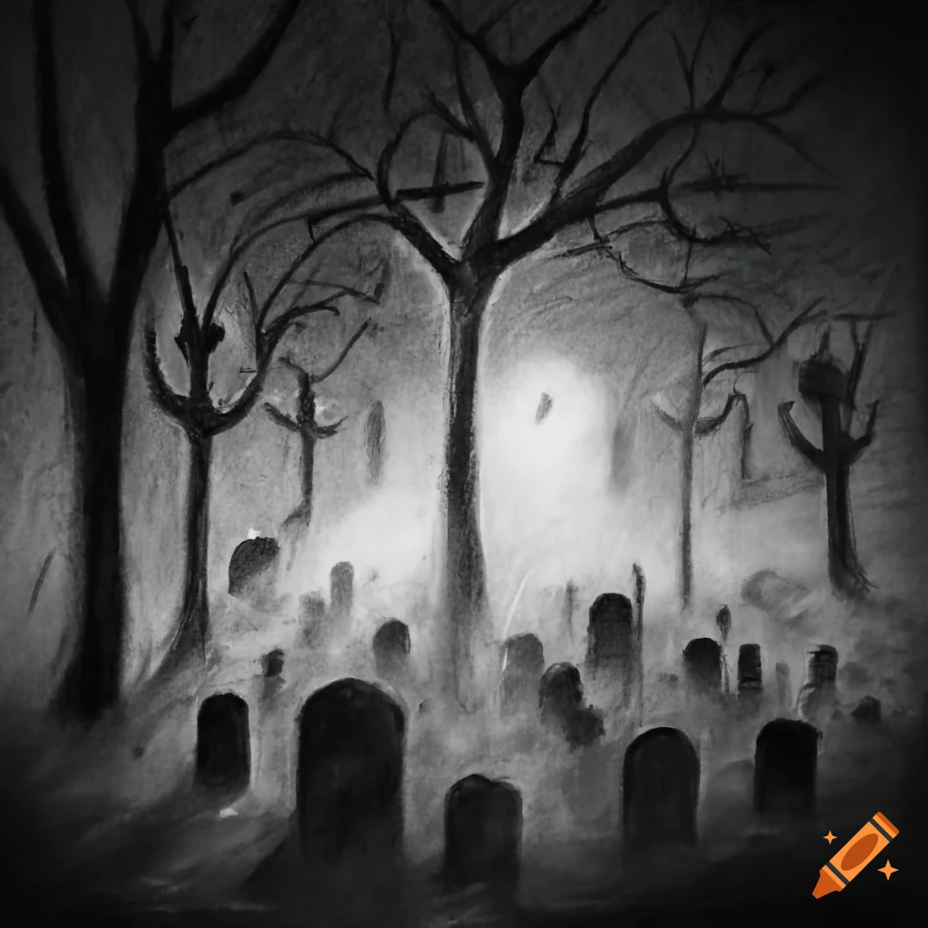 Spirits dancing in a graveyard in a charcoal drawing on Craiyon