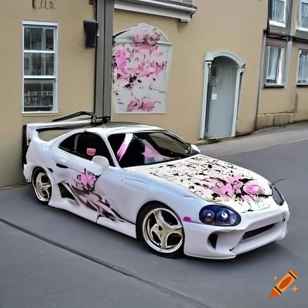 White toyota supra mk4 with blossom decal on the door on Craiyon