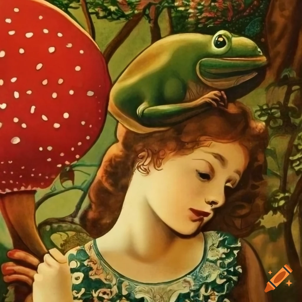 Vintage 1930s poster of a frog tea party in a mushroom forest with Art ...