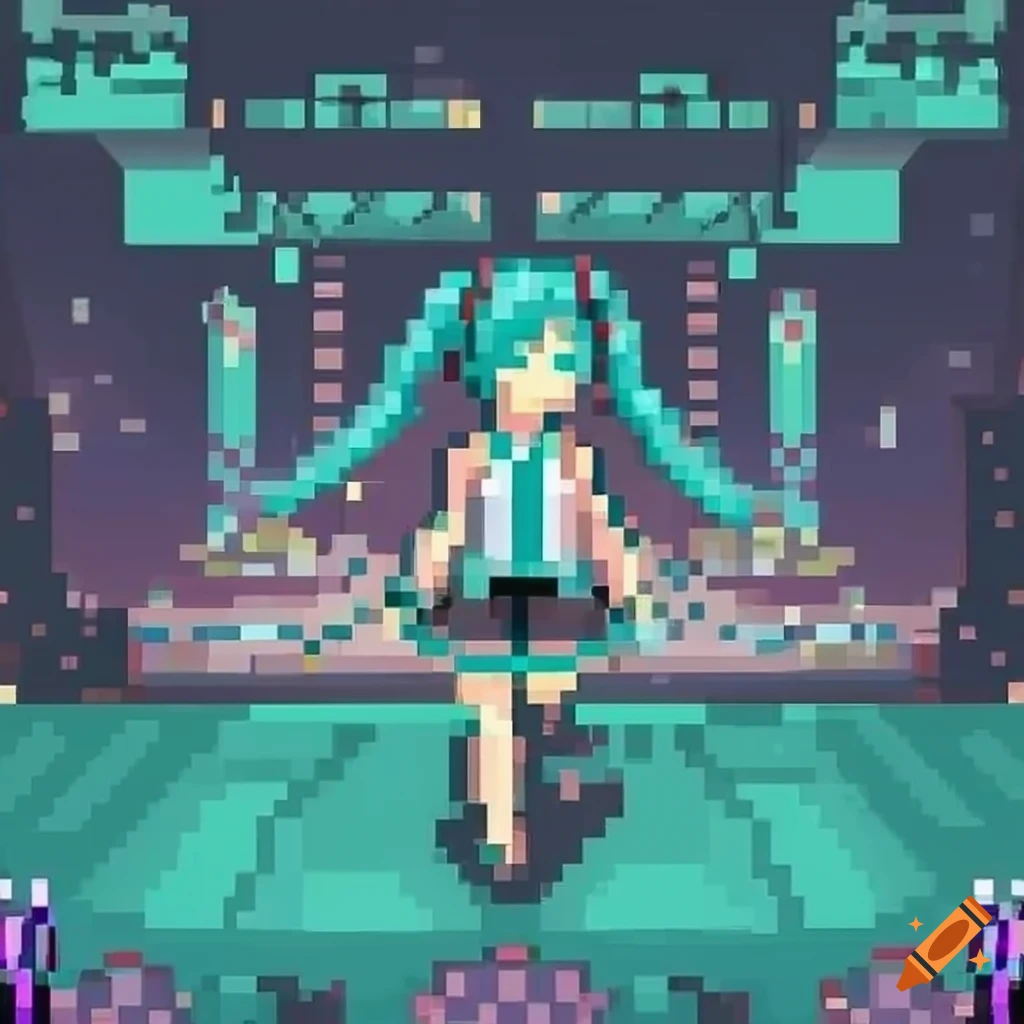 Pixel art of Hatsune Miku in a concert stage for a 2D platformer game ...
