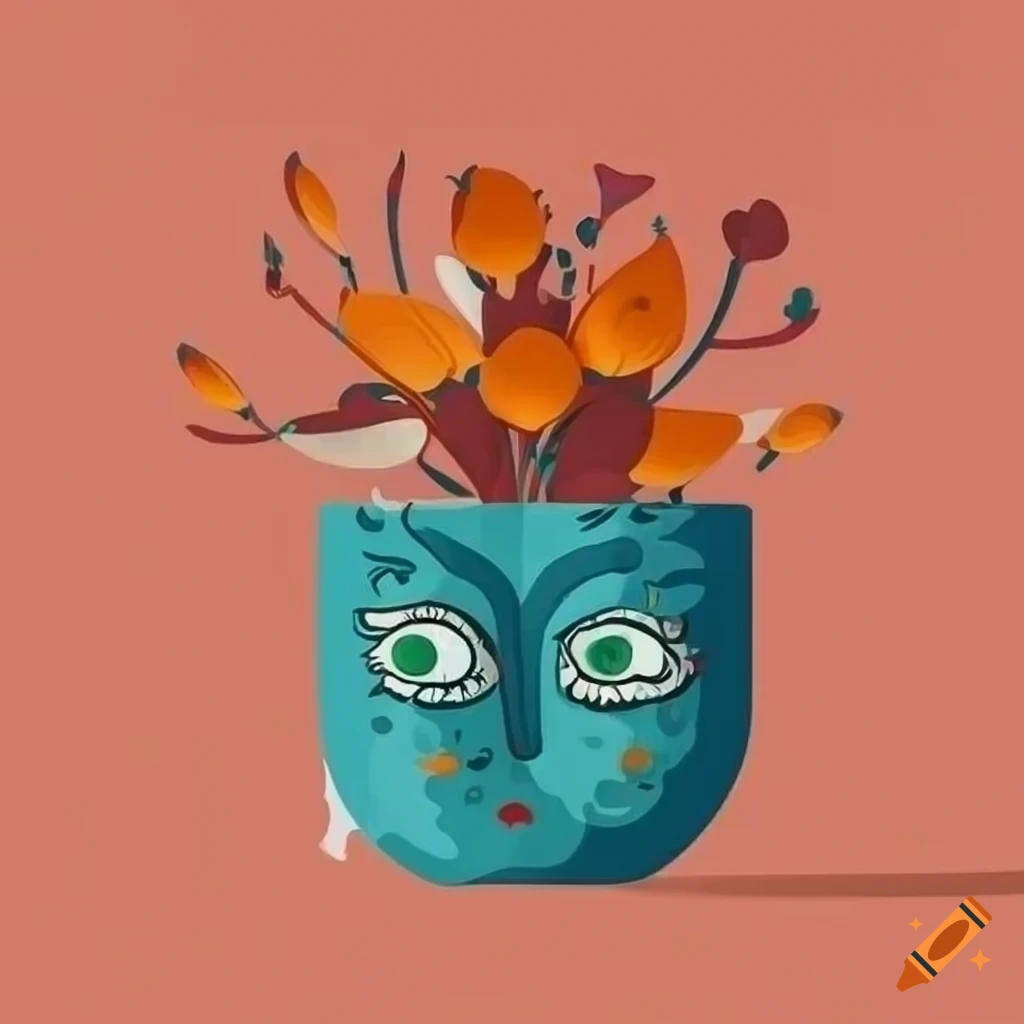 Surreal flat design of decorative pot and cyclops flowers on a table ...