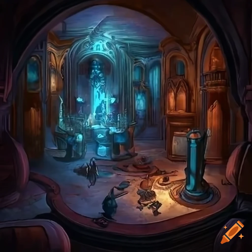 Artificer's lab with gothic furnishings and blue aura on Craiyon