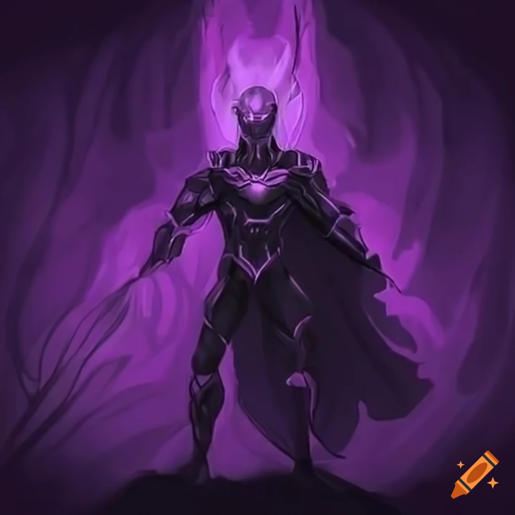 Superhero in black armor emitting purple energy on Craiyon